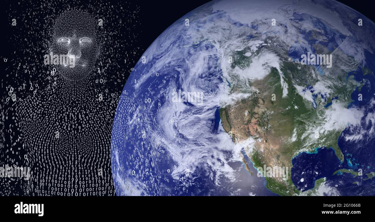 Composition of exploding human bust with binary coding over globe Stock ...