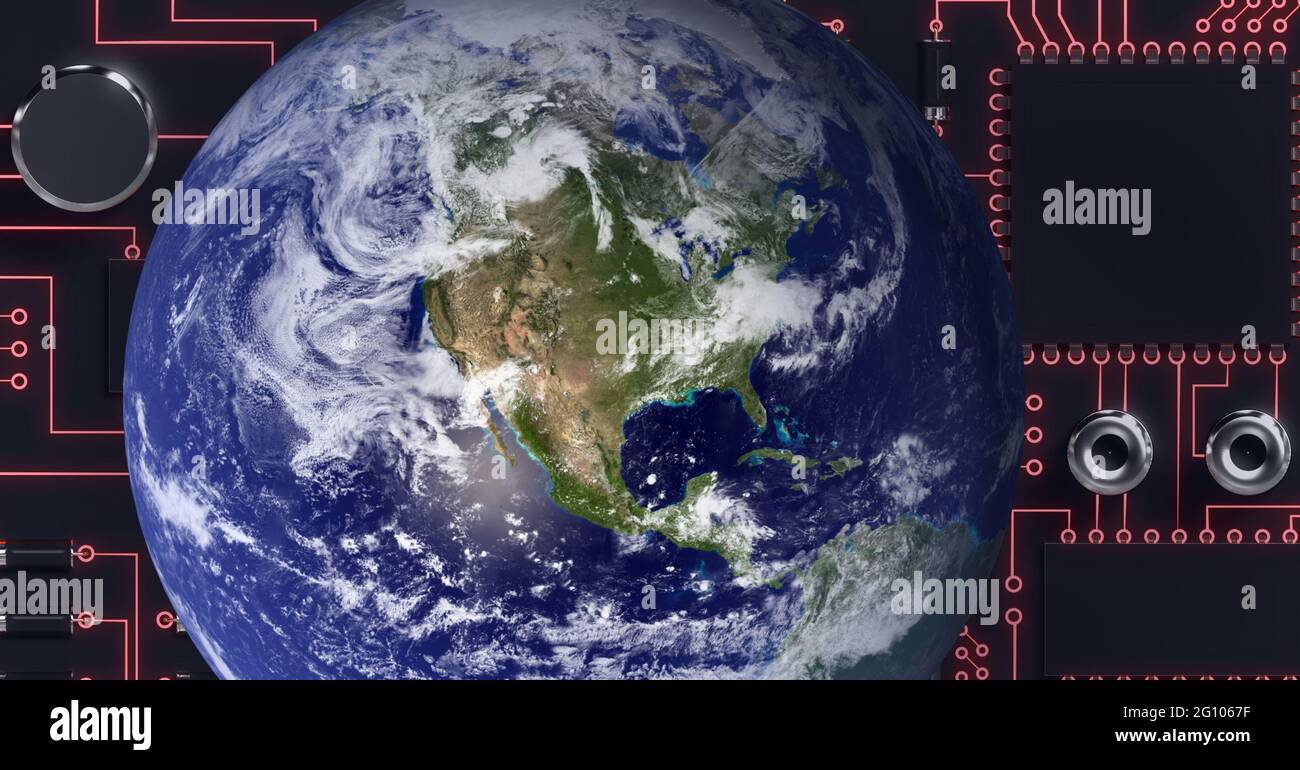 Digital circuit animation over earth hi-res stock photography and ...