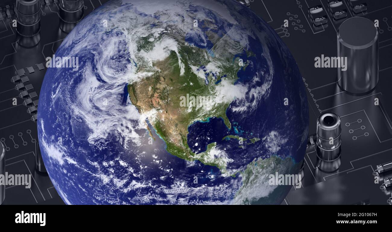 Animation globe over computer circuit hi-res stock photography and images - Alamy