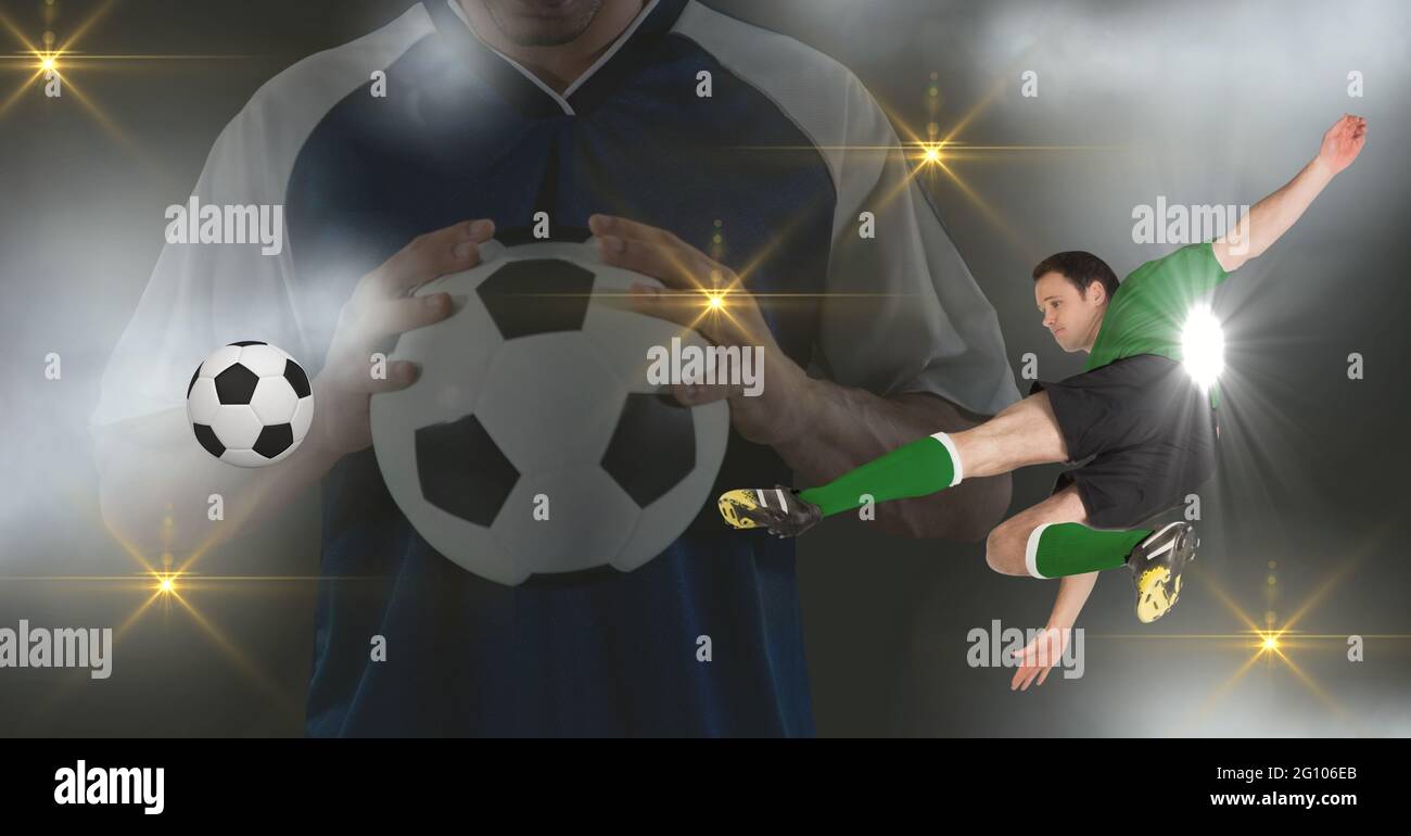 Composition of football players with footballs and glowing spotlights ...