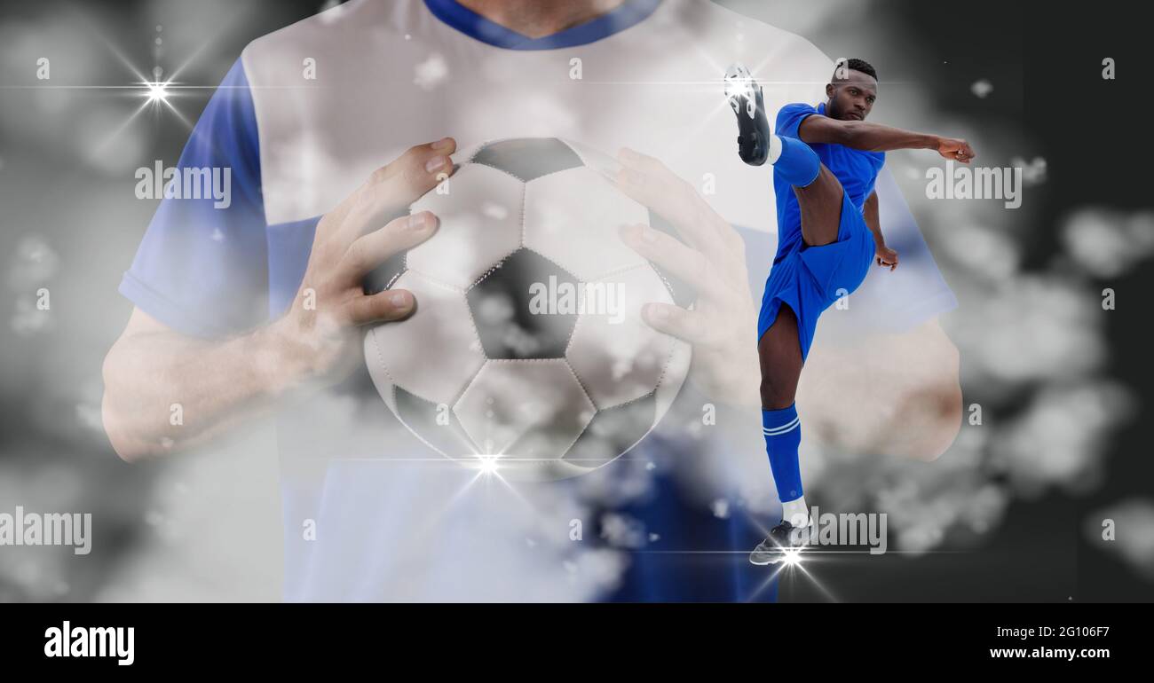 Composition of football players with football and glowing spotlights ...