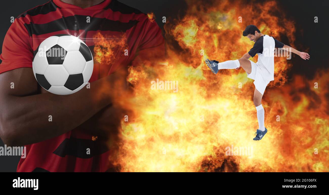 Composition of football players with football and flames Stock Photo ...