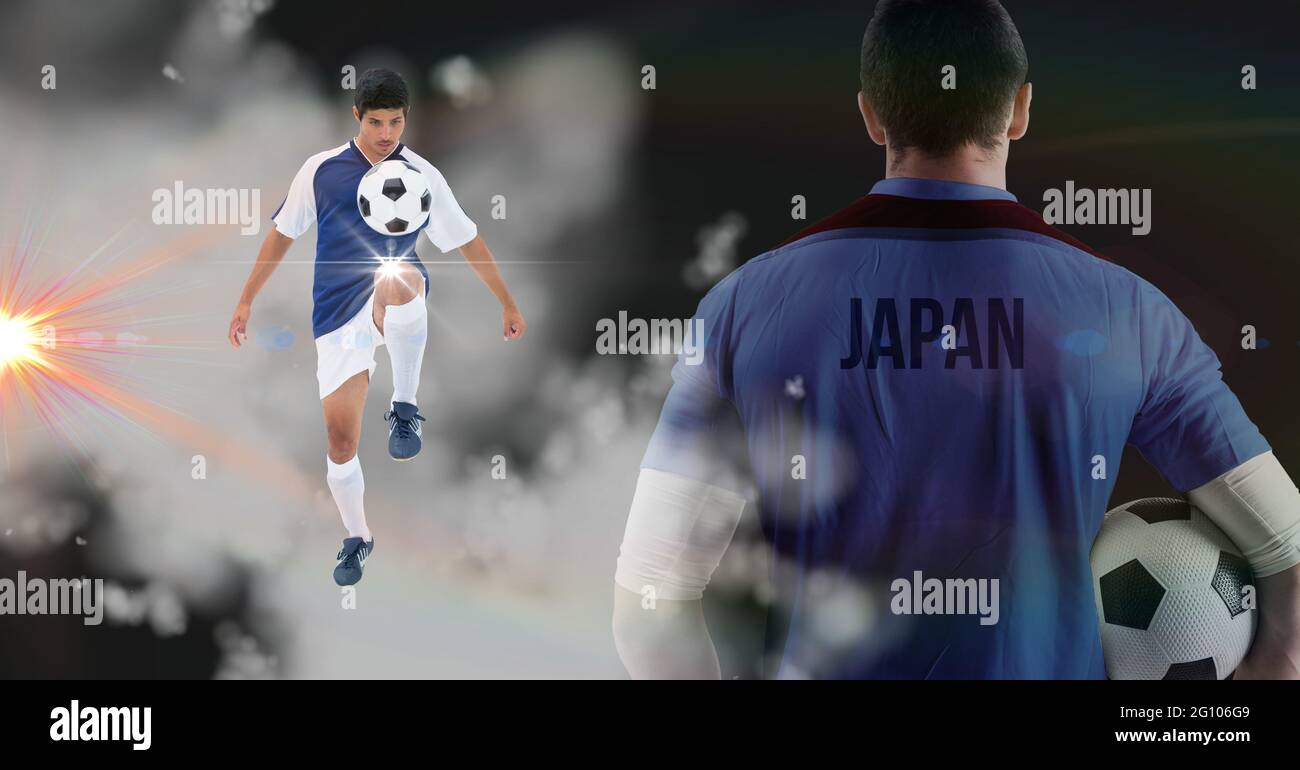 Composition of japanese football players with footballs and glowing ...