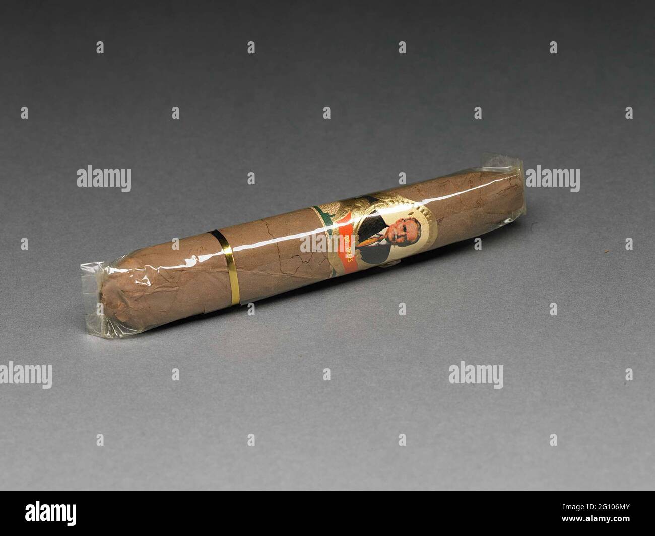Cigar with portrait of Drees. Cigar in cellophane wrapped with a golden ...