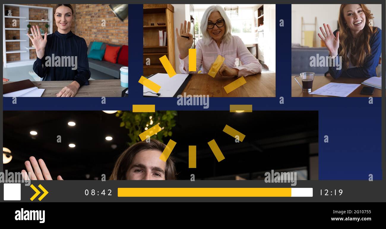 Composition of group of businesspeople having video call on video ...