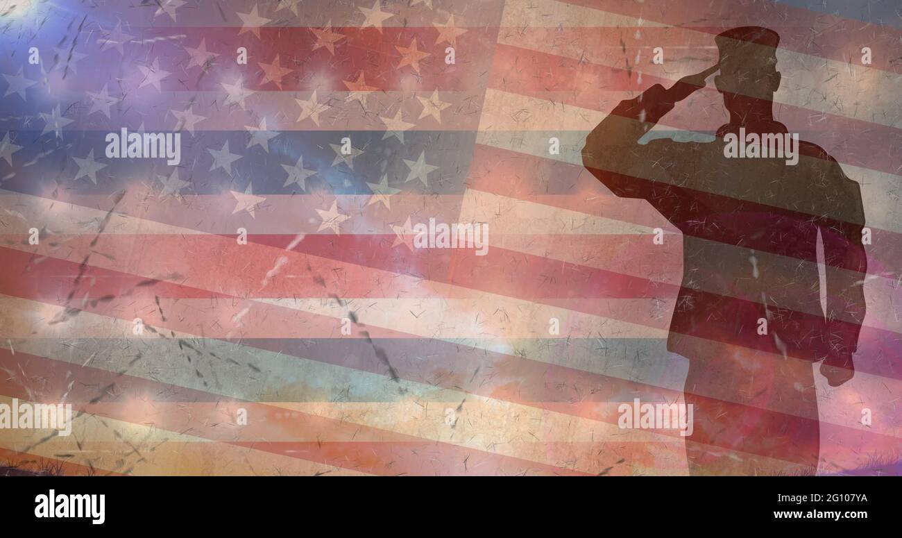 Composition Of Male Soldier Silhouette Saluting Over American Flag