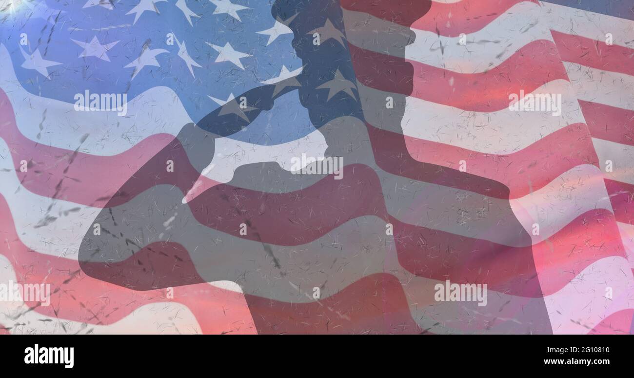 Composition Of Male Soldier Silhouette Saluting Over American Flag
