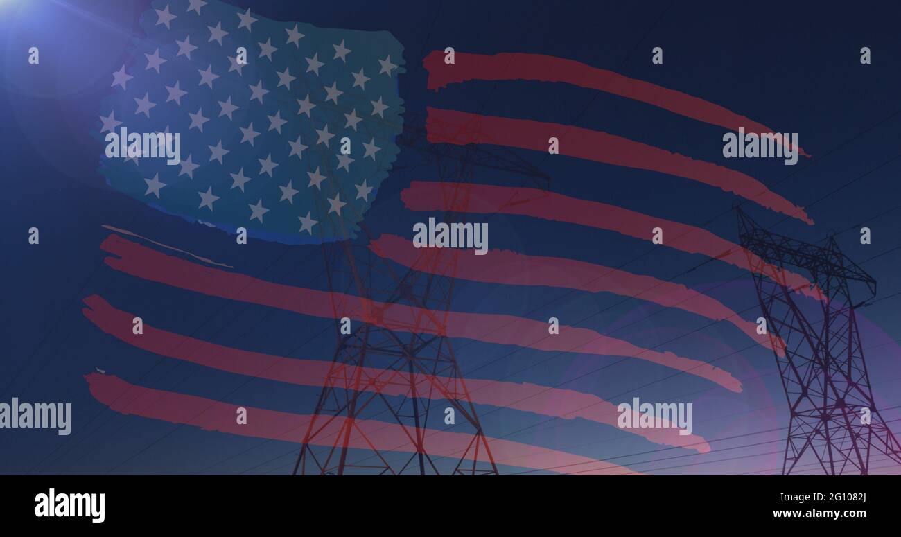 Composition of pylons and sky over american flag Stock Photo - Alamy