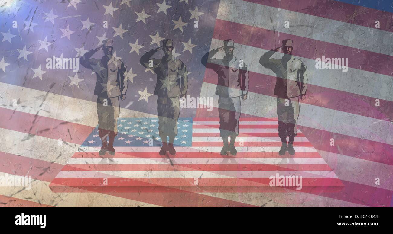Composition Of Male Soldier Silhouettes Saluting Over American Flag