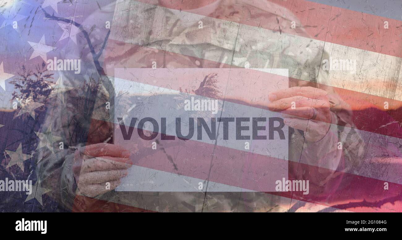 Composition of male soldier holding volunteer sign over american flag ...
