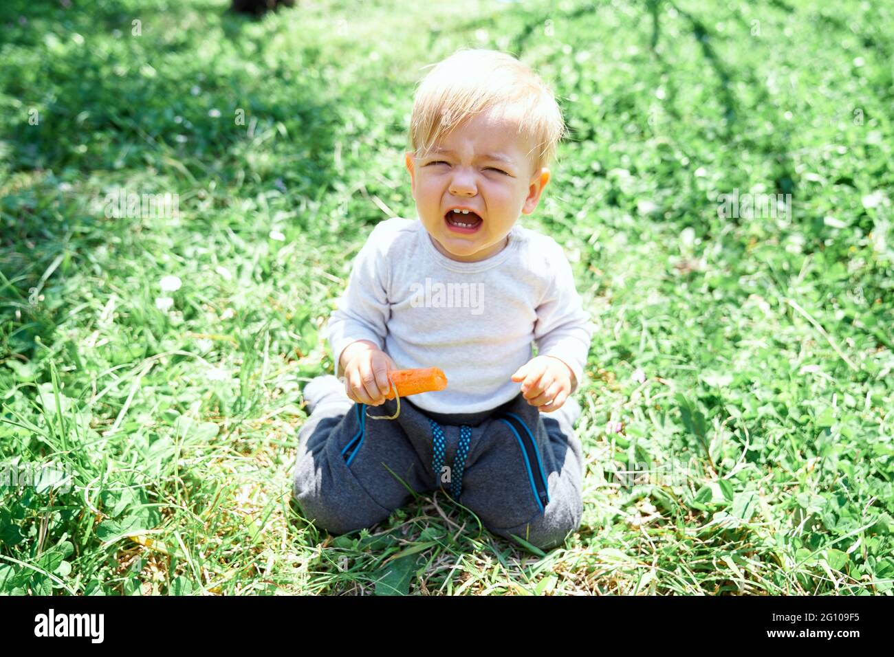Little child girl crying on the grass Stock Photo - Alamy
