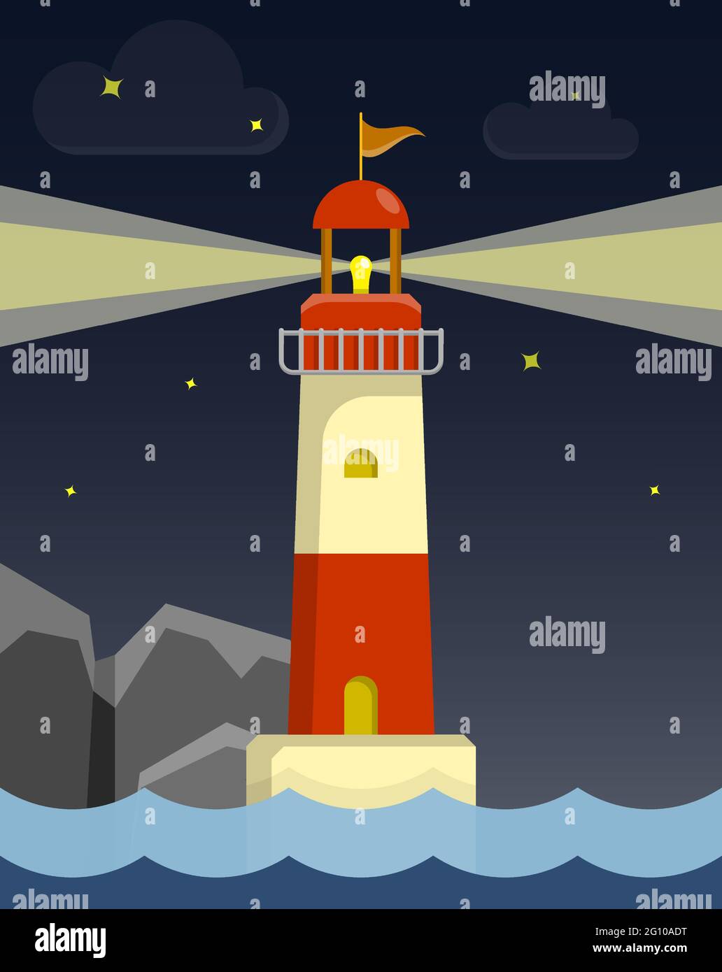 Marine coastal lighthouse illuminates night sea. Safe route in shipping ...