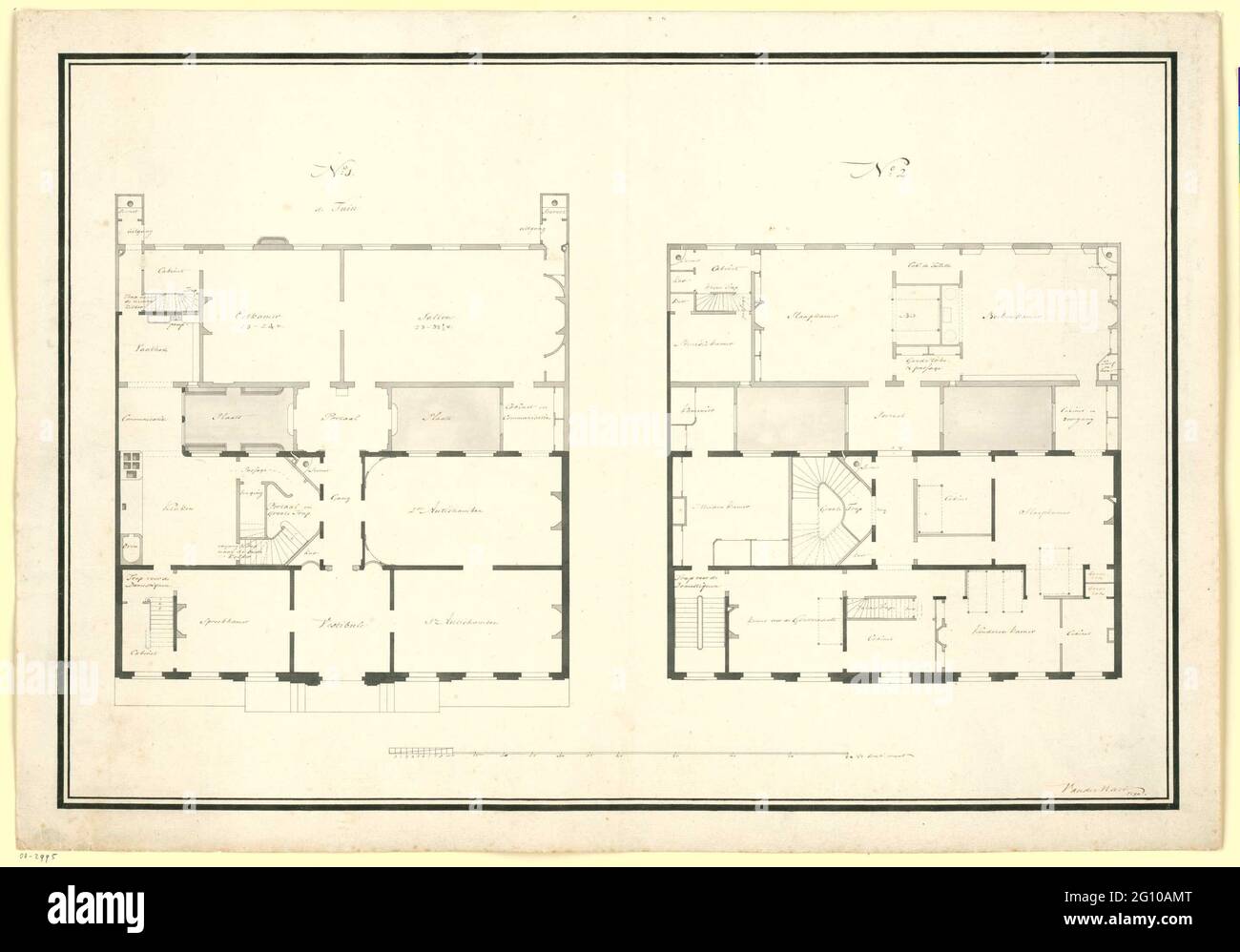 Architectural design drawing with floor plans of the first and second ...
