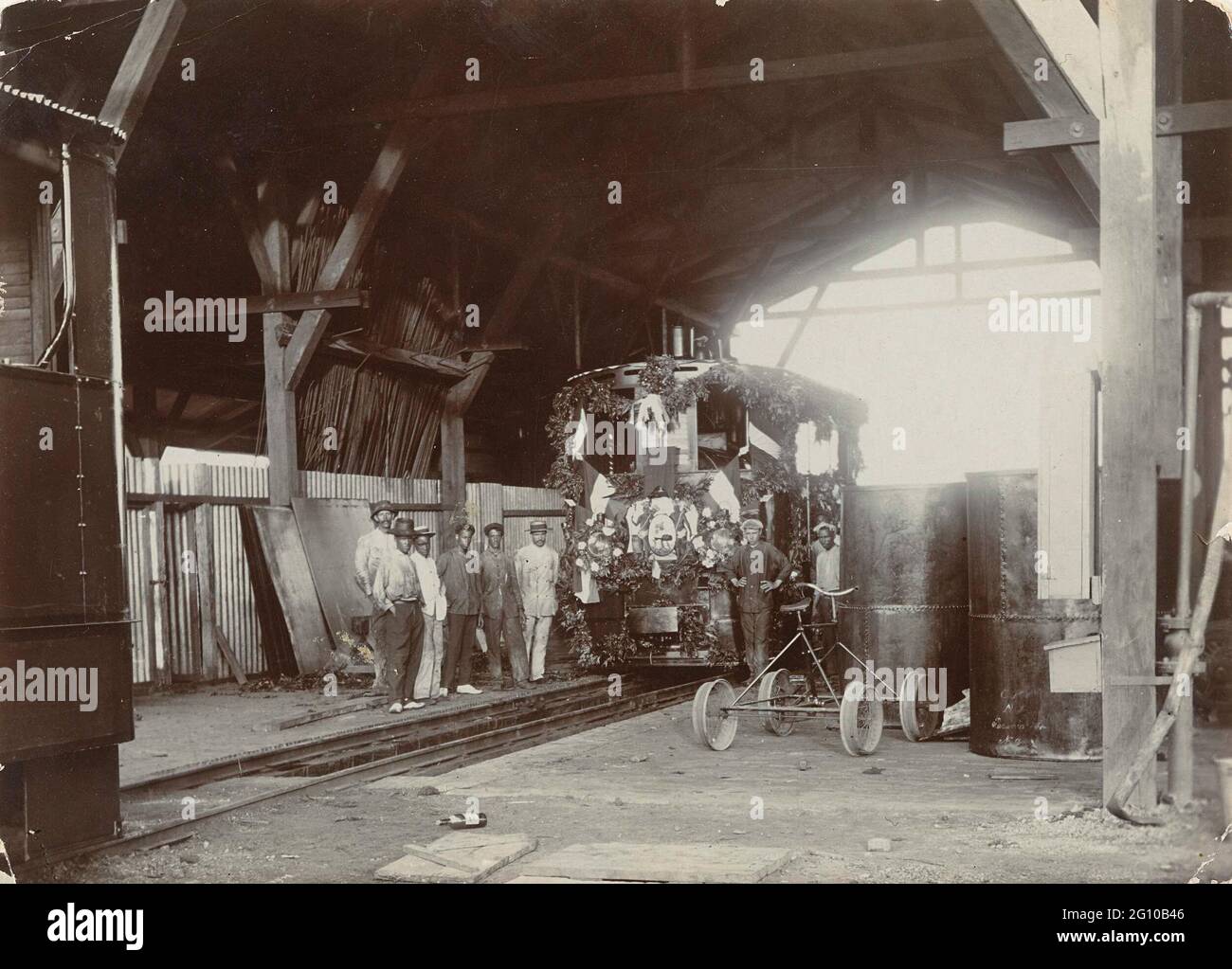 First train in Paramaribo. Decorated locomotive in the draw. The ...