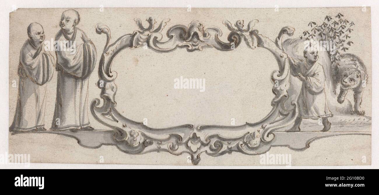 Rectangular cartouche with three Chinese and a tiger. Design for a ...