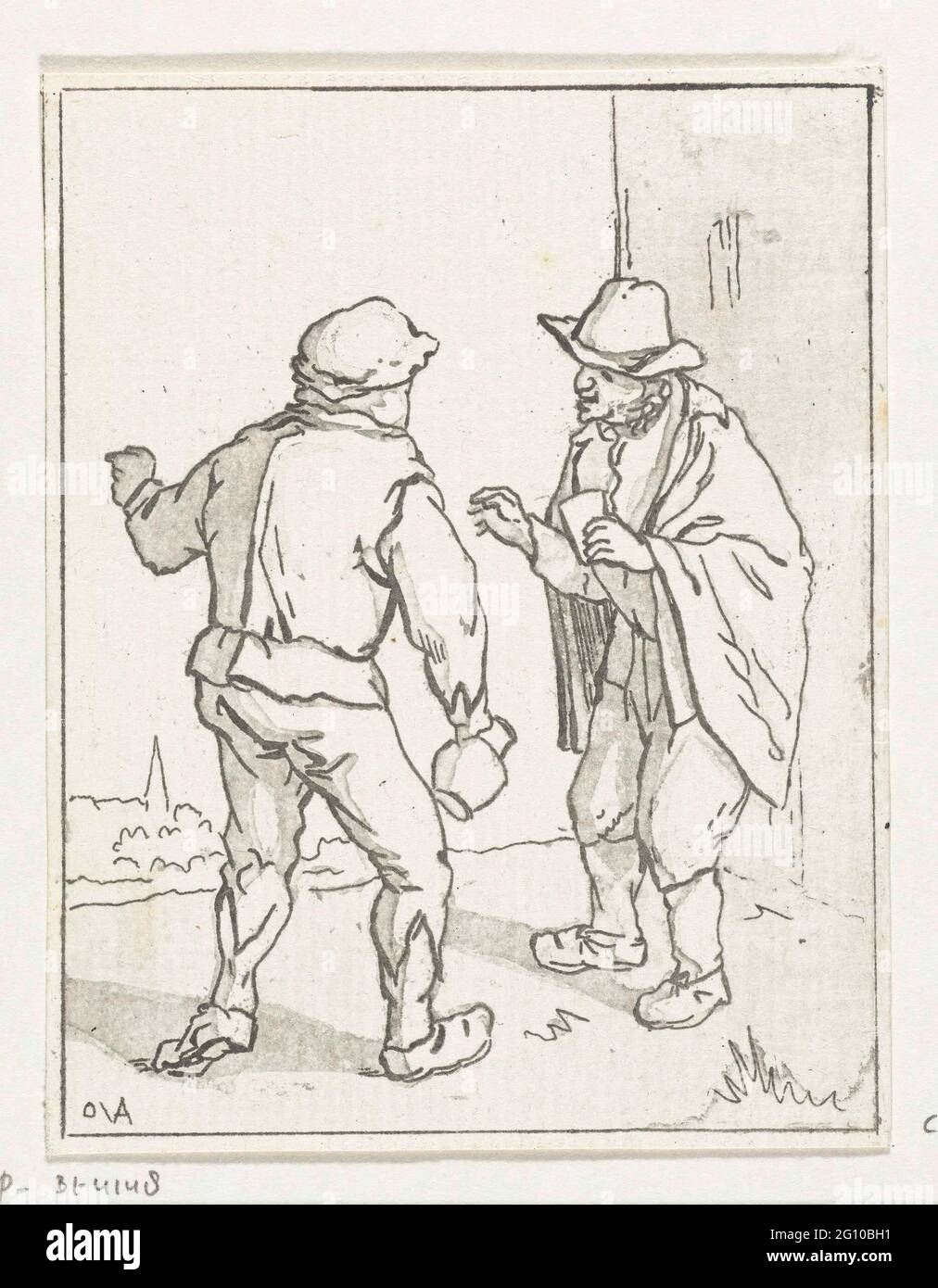 Two standing men in conversation. Two men meet on the road. The one ...
