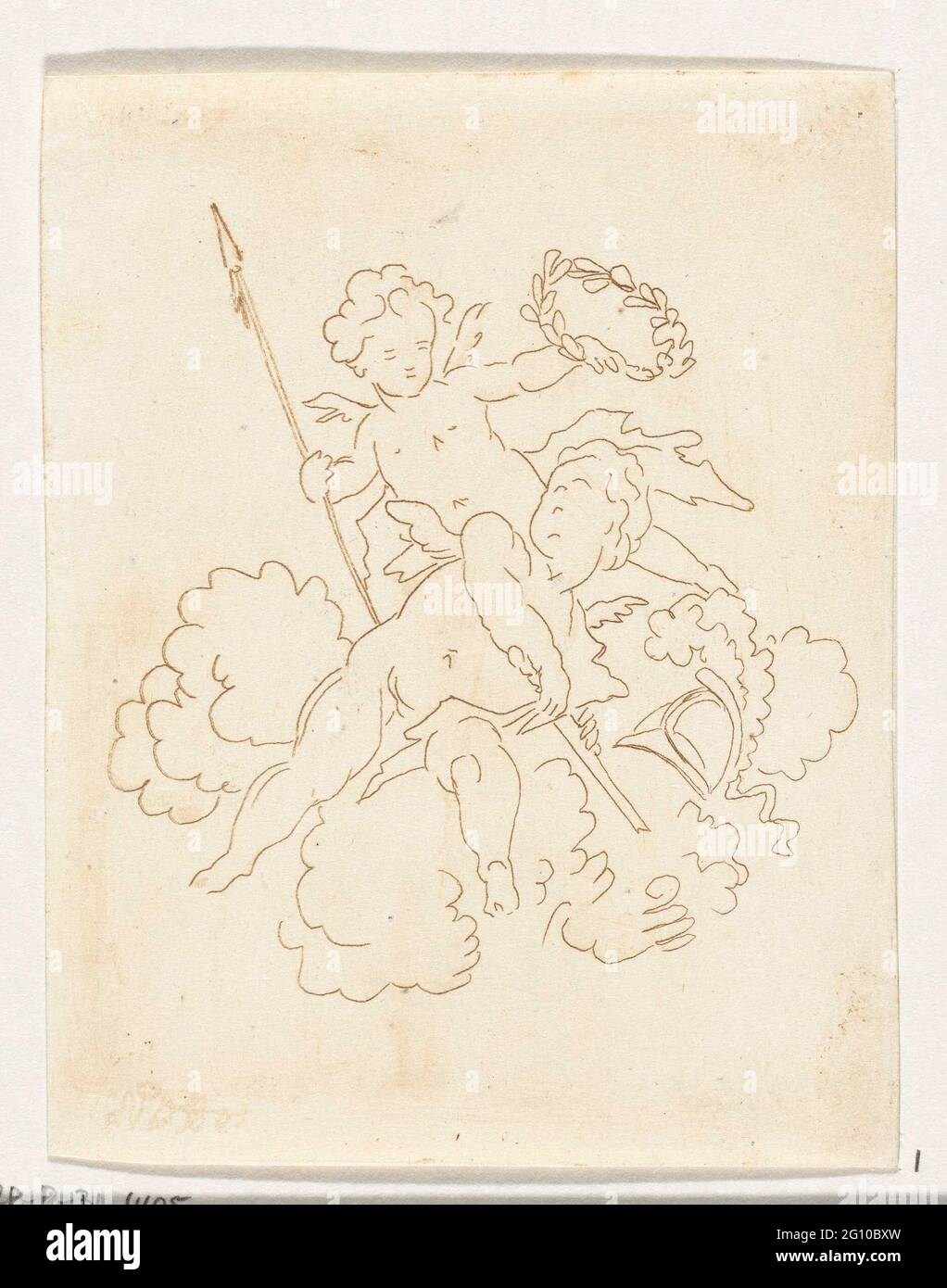 Two putti. A putto pulls his sword, next to him lies his helmet on a ...
