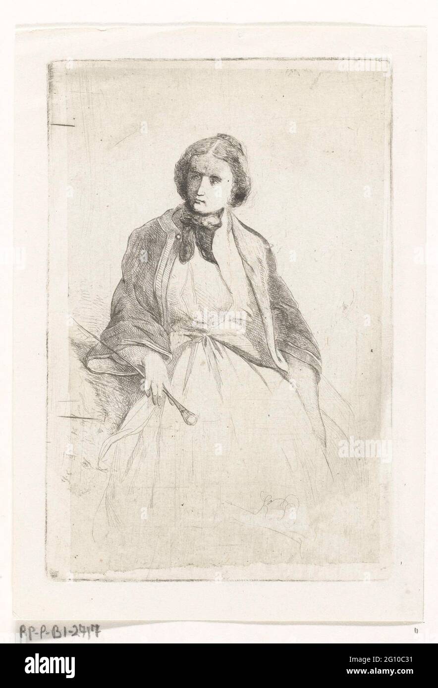 Sitting woman with riding sweep. An adult woman in 19th century ...