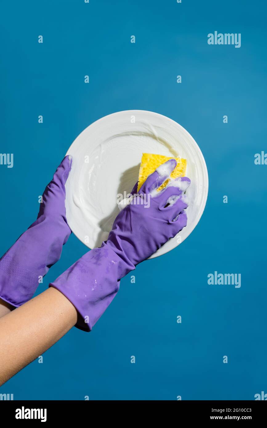 Closeup photo of hands wearing gloves washing plate with sponge ...