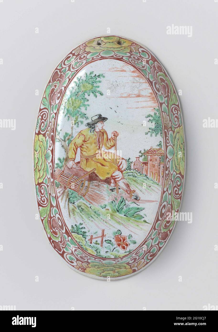 Brush back, painted with a pastoral scene. Faïence brush back, painted ...