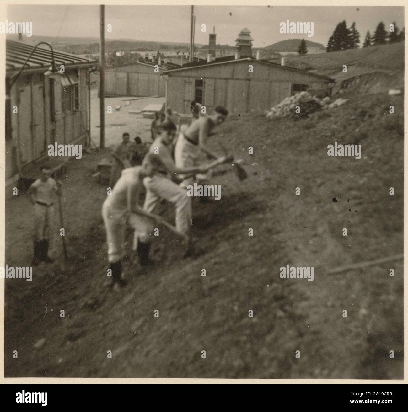 Three men sipping. Three men with exposing uplifts are digging in the ...