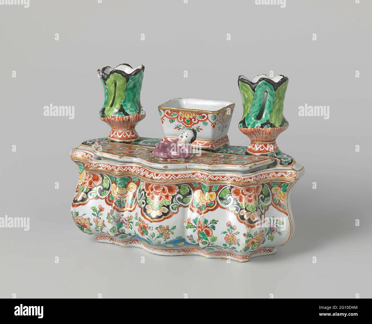 Faïence ink set of multicolored painted faïence. Elongated ink set with ...