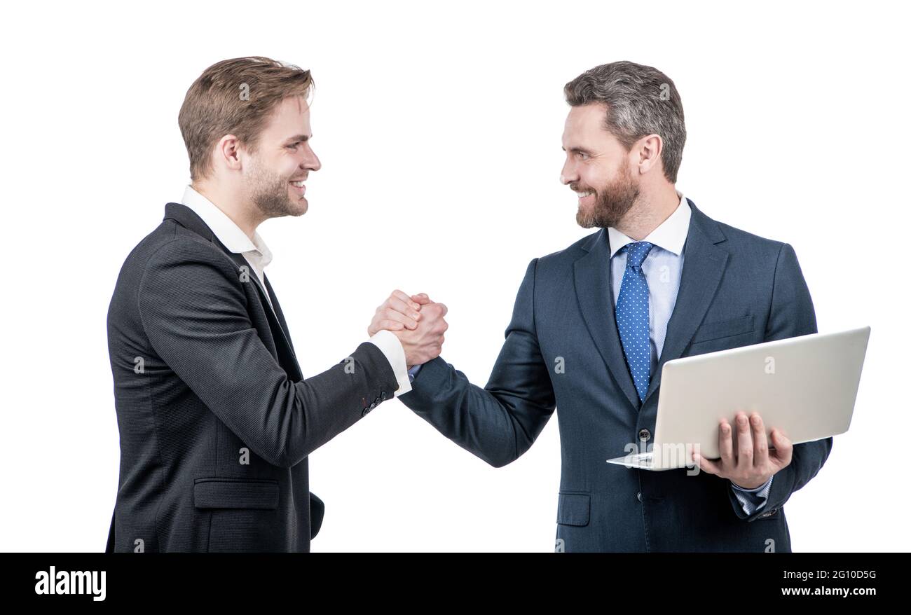 businessmen with laptop on meeting. boss and employee. partners after ...