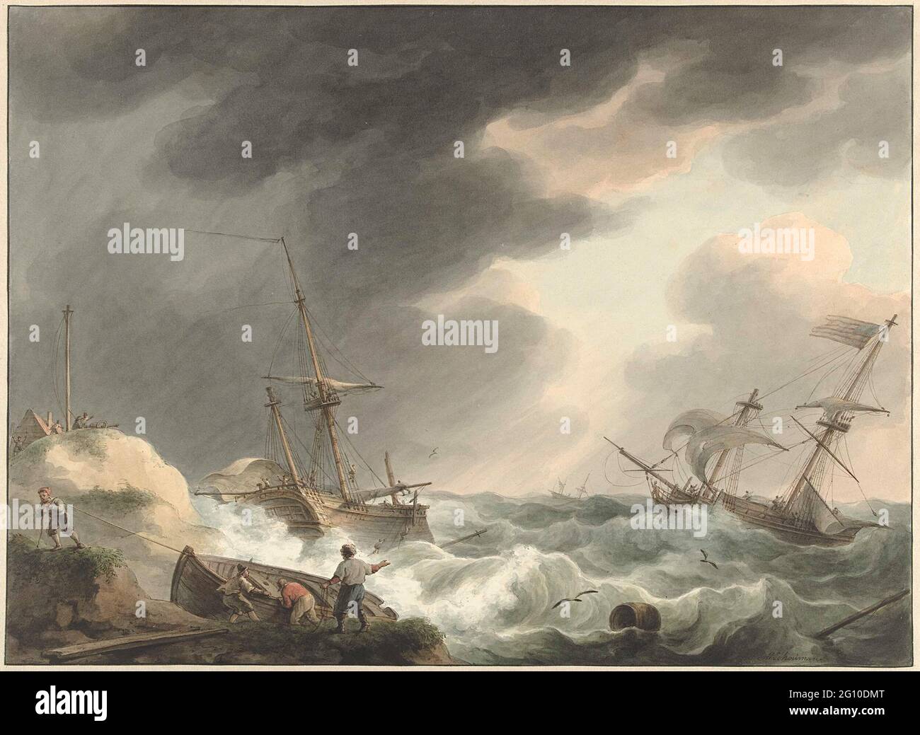 Shipwreck of two ships, one of which under American flag, on a dune ...