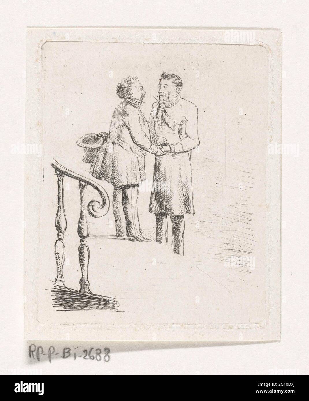 Two men on a staircase. Two men meet on a staircase. The left has a hat ...