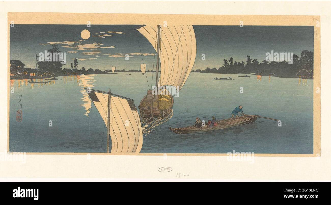 Evening scene on the Edo river; Edogawa. View of the Edo River (Edogawa ...