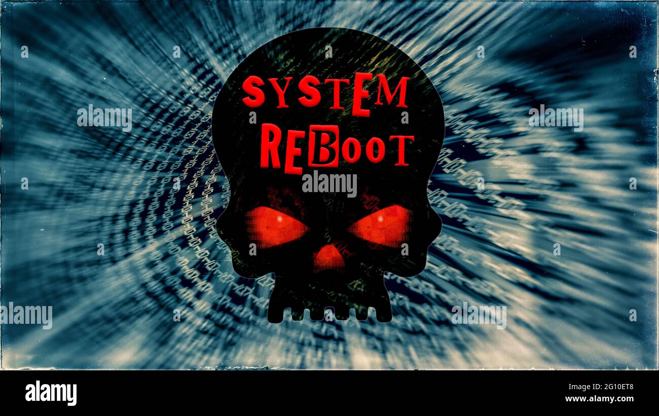 System Reboot displayed across black skull with red eyes and binary ...