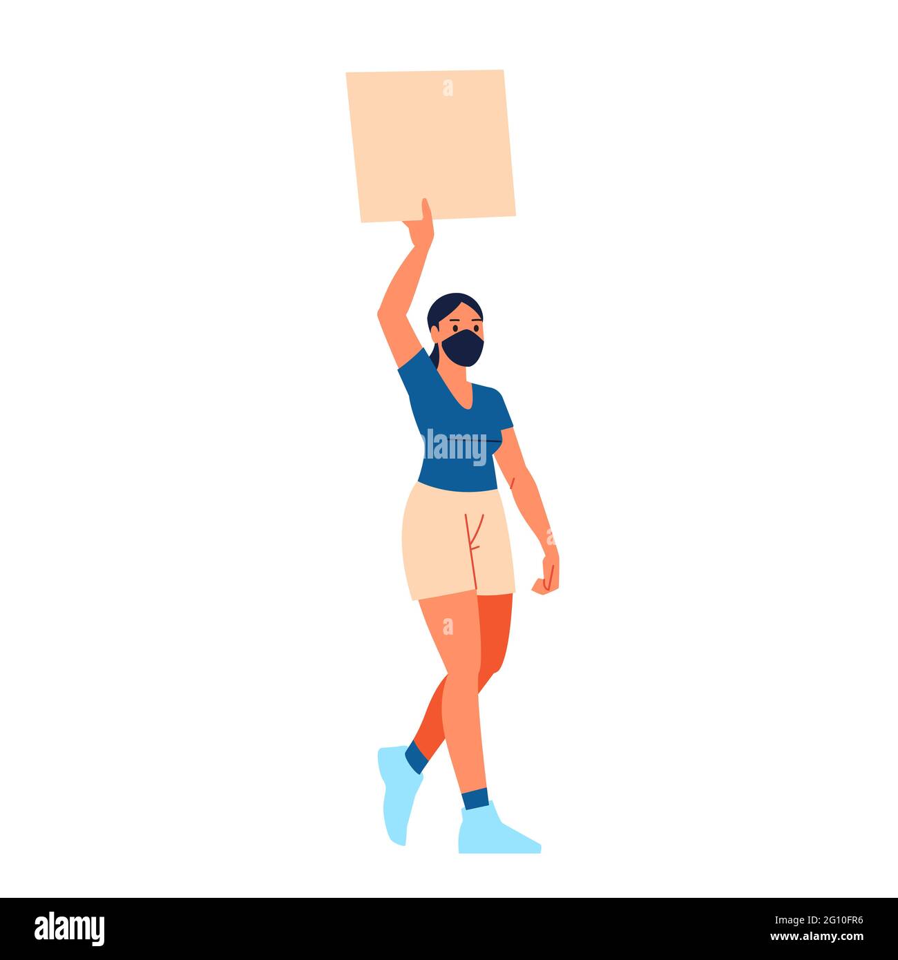 Woman with mask Marching In Protest With Banner, Screaming Angry ...