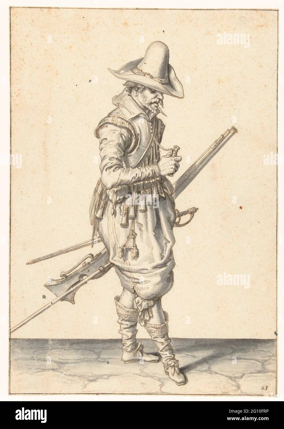 Soldier with a musket that opens a powder size; Design drawings for the ...