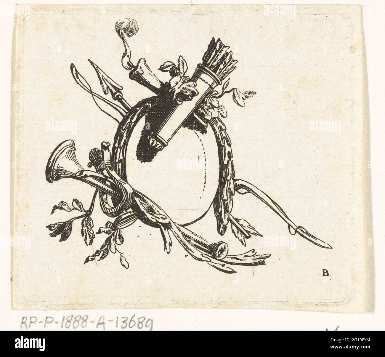 Vignette with musical instruments, burning torch, arrow and bow and ...