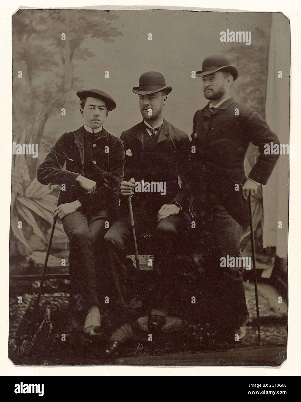 Portrait of three men in front of a background cloth painted with a ...