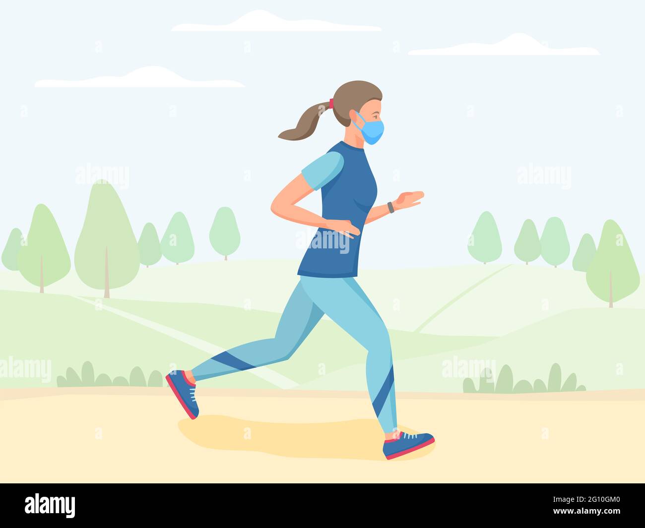 Women in mask running outdoor, jogging and training in park, physical ...