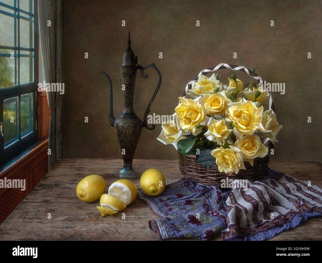 Still life with bouquet of flowers and fruits Stock Photo - Alamy