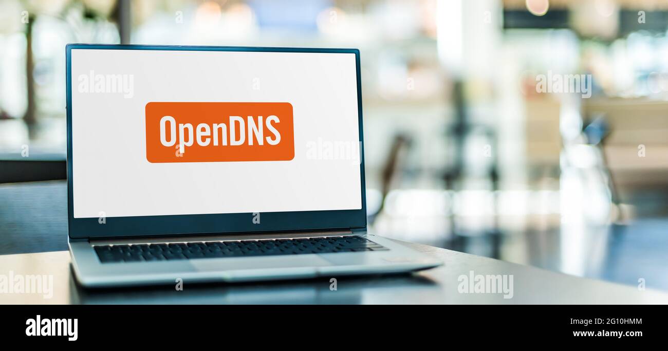 POZNAN, POL - MAY 1, 2021: Laptop computer displaying logo of OpenDNS ...