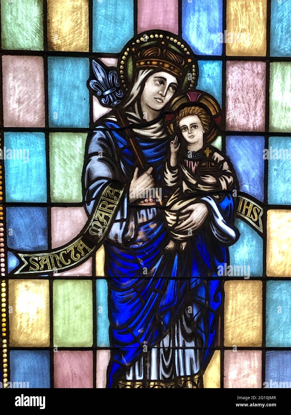 BILOXI, UNITED STATES - Jun 02, 2021: Stained Glass window of Mary and ... BILOXI, UNITED STATES - Jun 02, 2021: Stained Glass window of Mary and ...