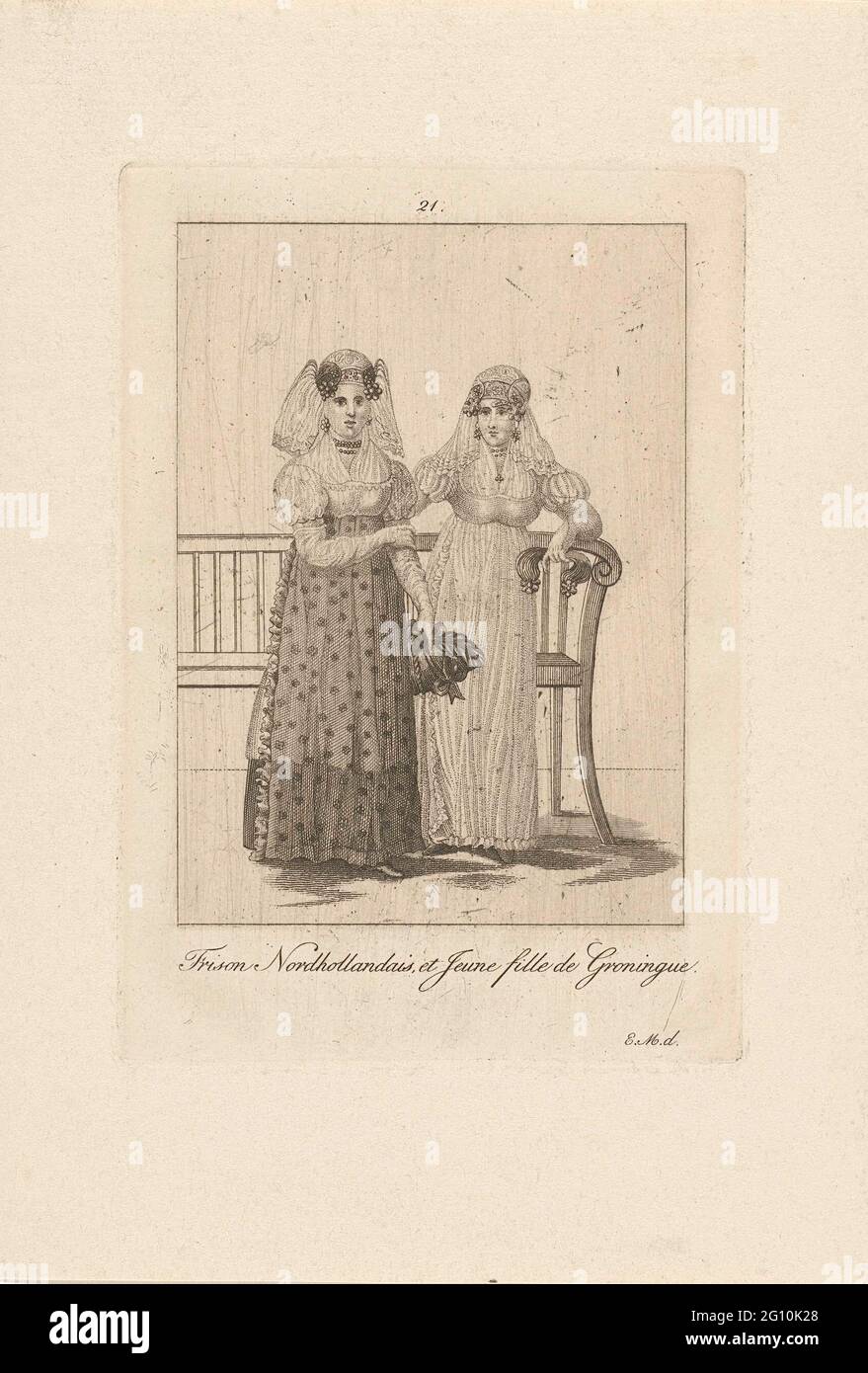 Two women in Frisian and Groningen traditional costume; Dutch market ...