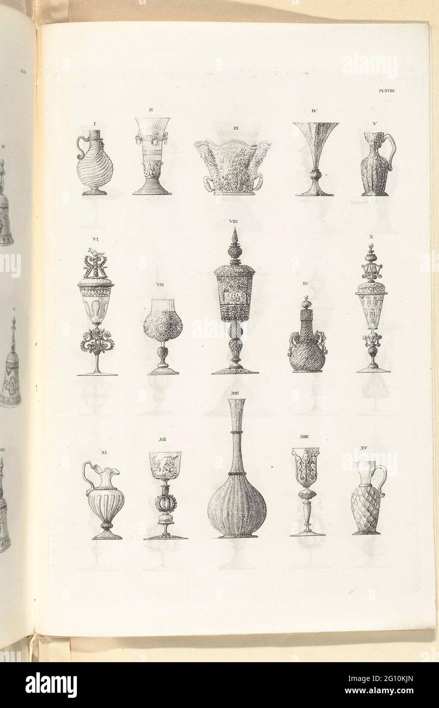 Glasses objects, plate XVIII. Leaf with fifteen glass objects, drinking ...