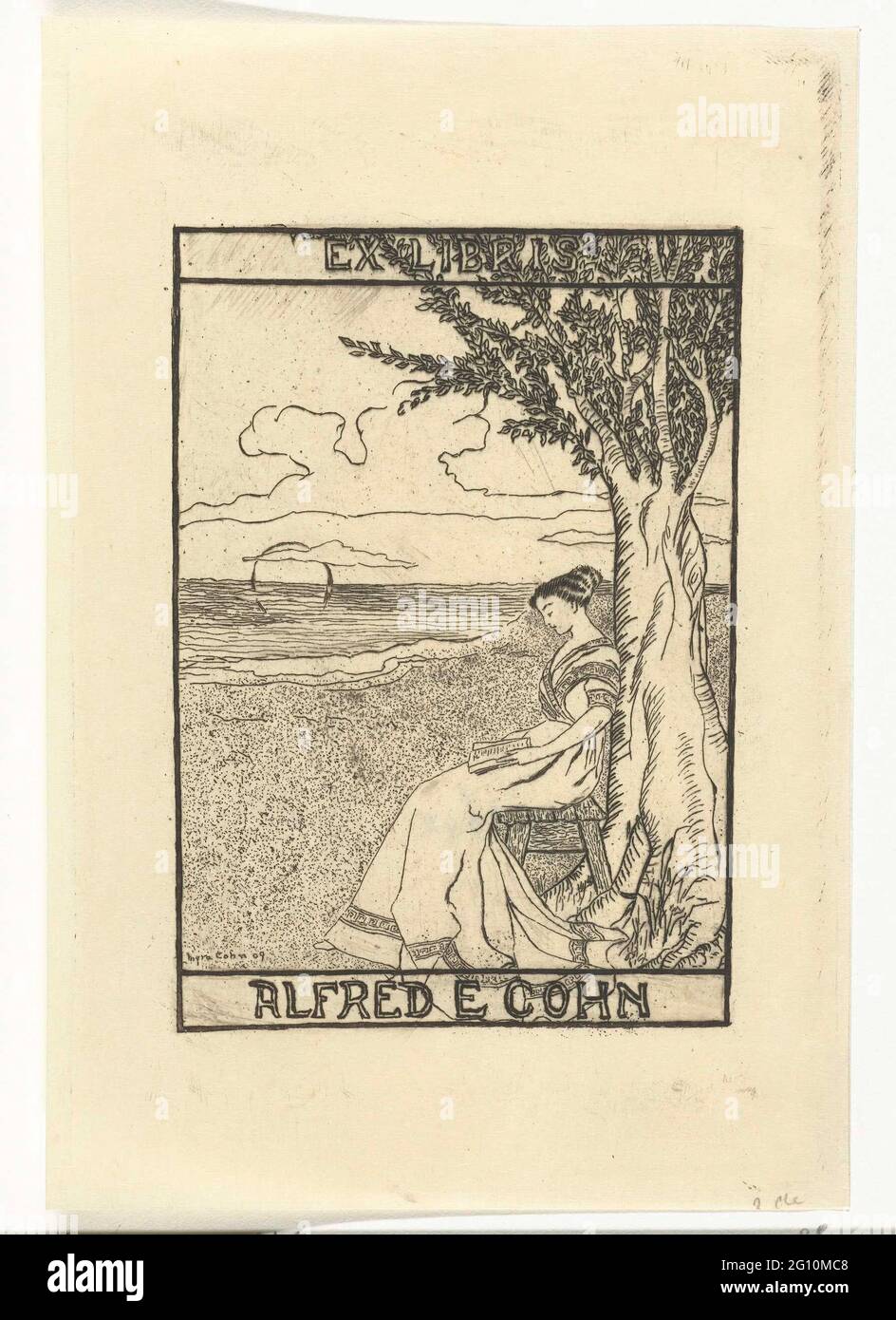 Ex libris of Alfred E. Cohn. A young woman sits reading under a tree ...