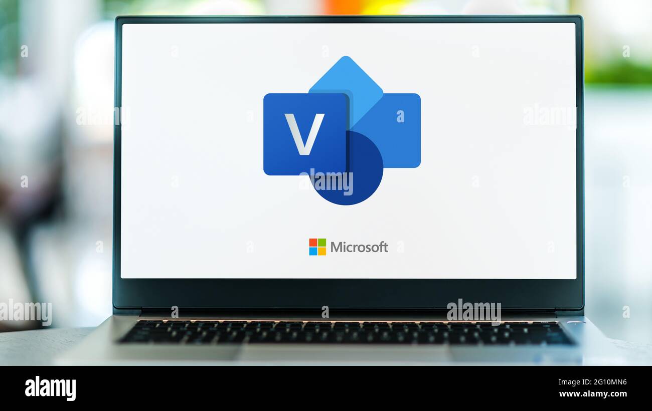 POZNAN, POL - MAY 1, 2021: Laptop computer displaying logo of Microsoft ...