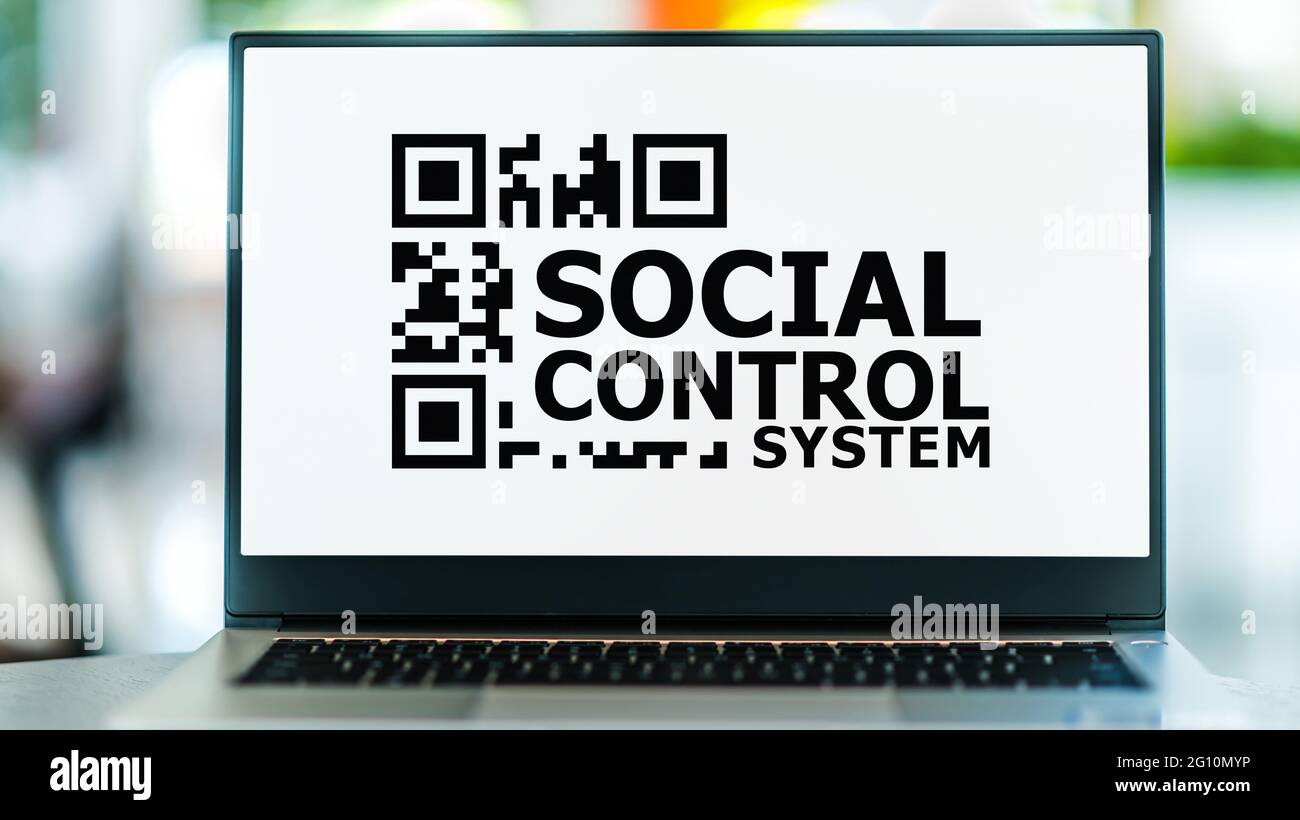 Laptop computer displaying the sign of Social Control System Stock ...