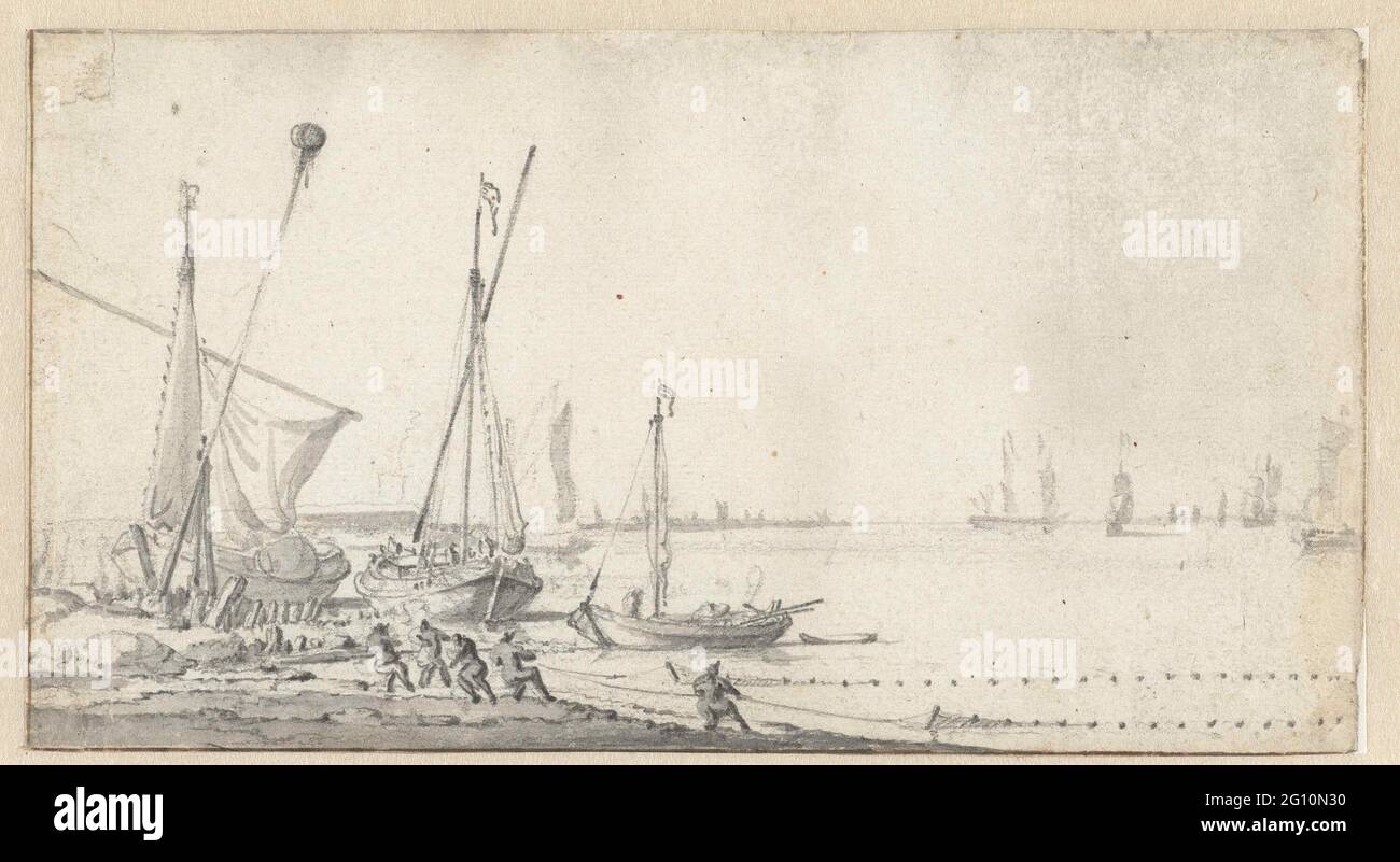 Fishing port. Shore with moored boats, fishermen draw a net inside. On ...