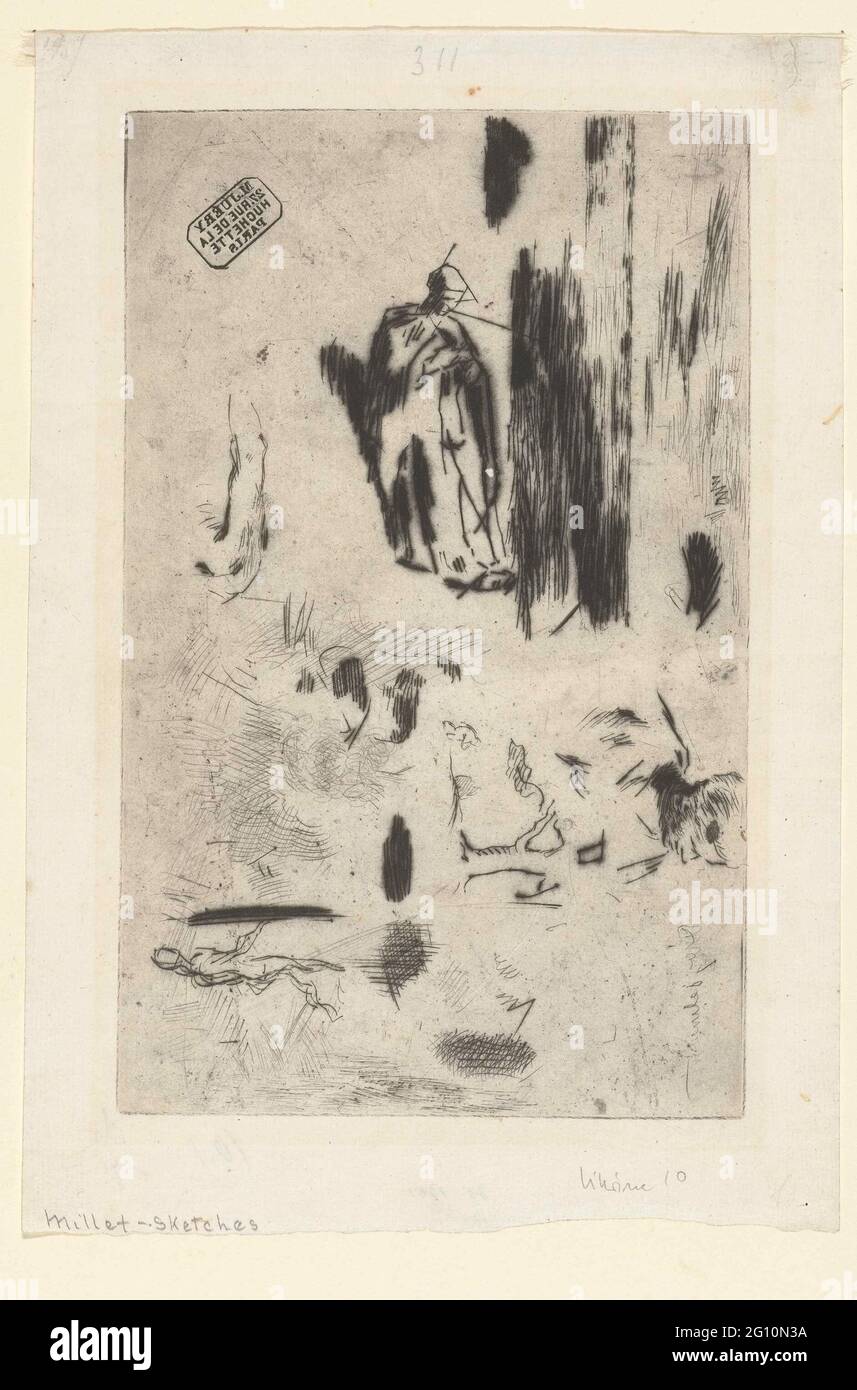 Sketch sheet with some figure studies and landscape; La Planche Aux ...