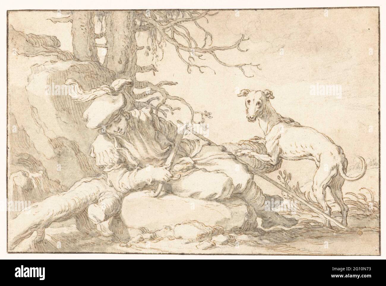 Resting hunter with dog Stock Photo - Alamy