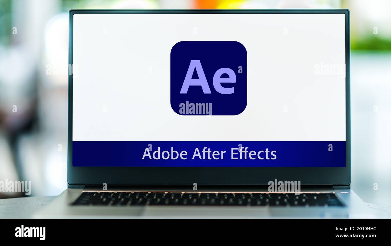 POZNAN, POL - MAY 15, 2021: Laptop computer displaying logo of Adobe ... POZNAN, POL - MAY 15, 2021: Laptop computer displaying logo of Adobe ...