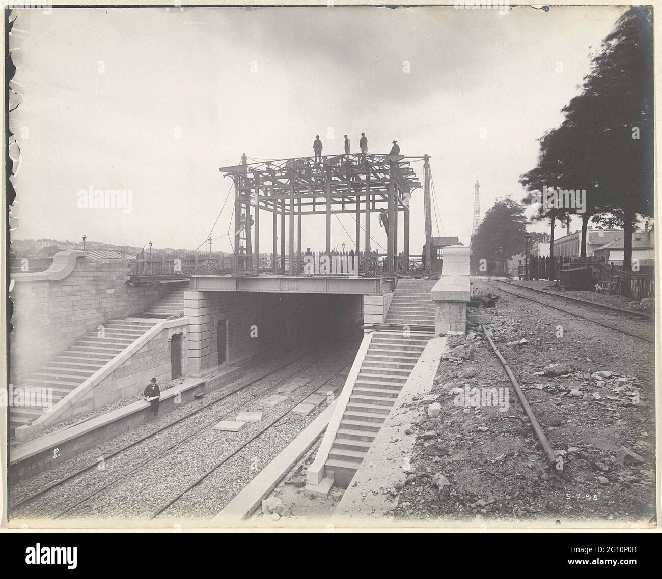 The construction of the metro in Paris with Eiffel tower in the ...