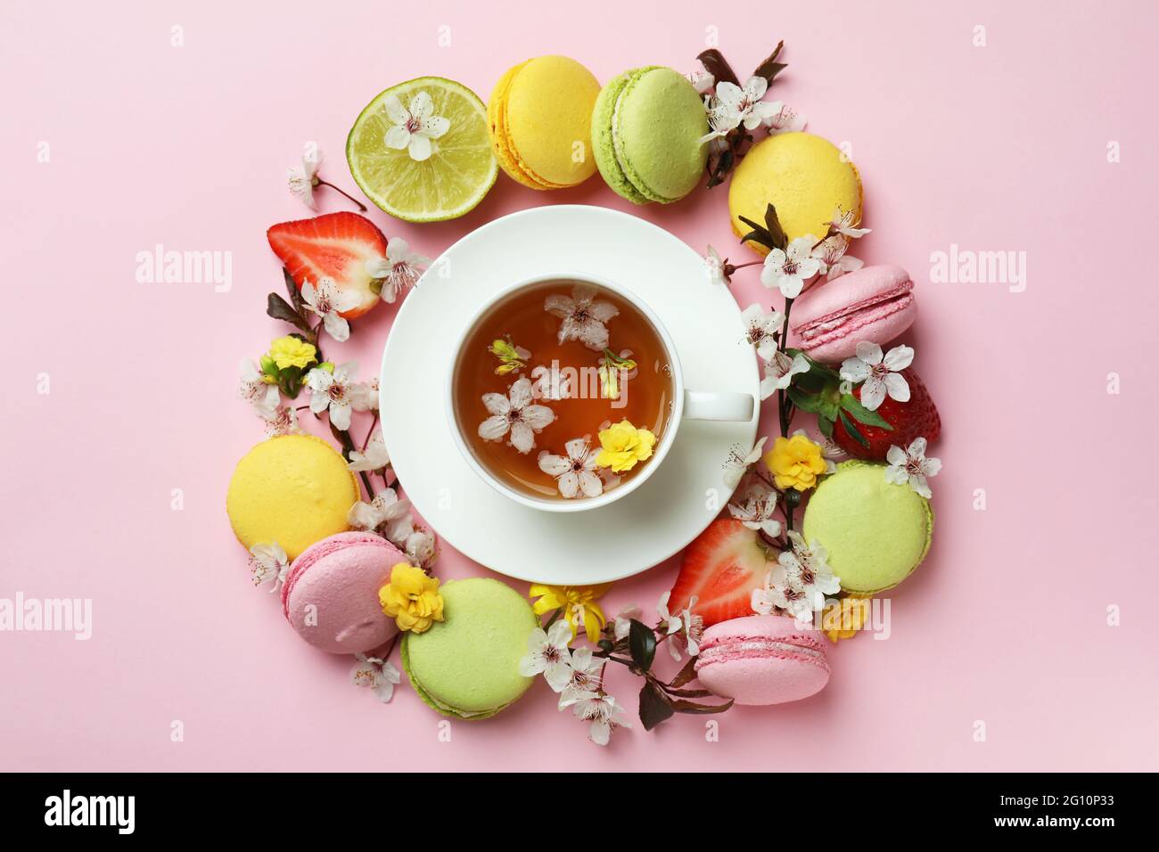 Concept of sweet breakfast on pink background Stock Photo - Alamy